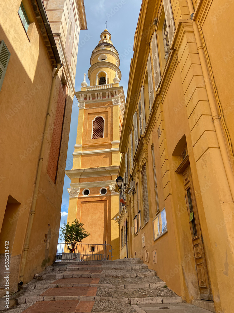 The Basilica of Saint-Michael the Archangel in Menton, France. The tall ...