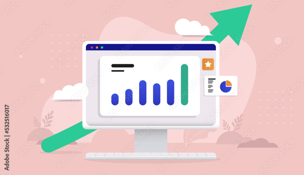Chart growth on computer screen - Desktop PC with diagram and green ...