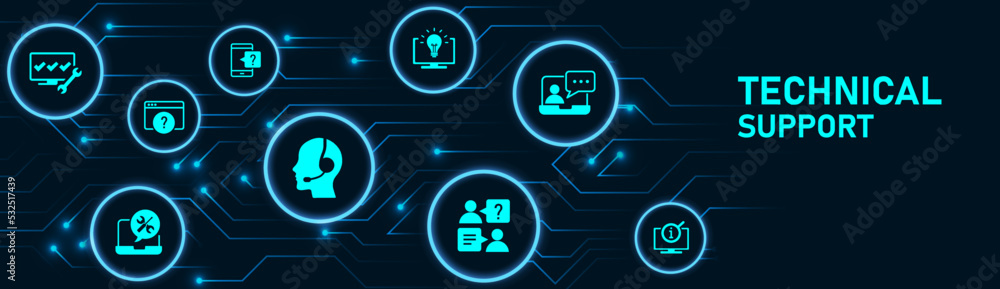 IT support vector illustration. Blue concept with icons related to IT helpdesk, hotline or ...