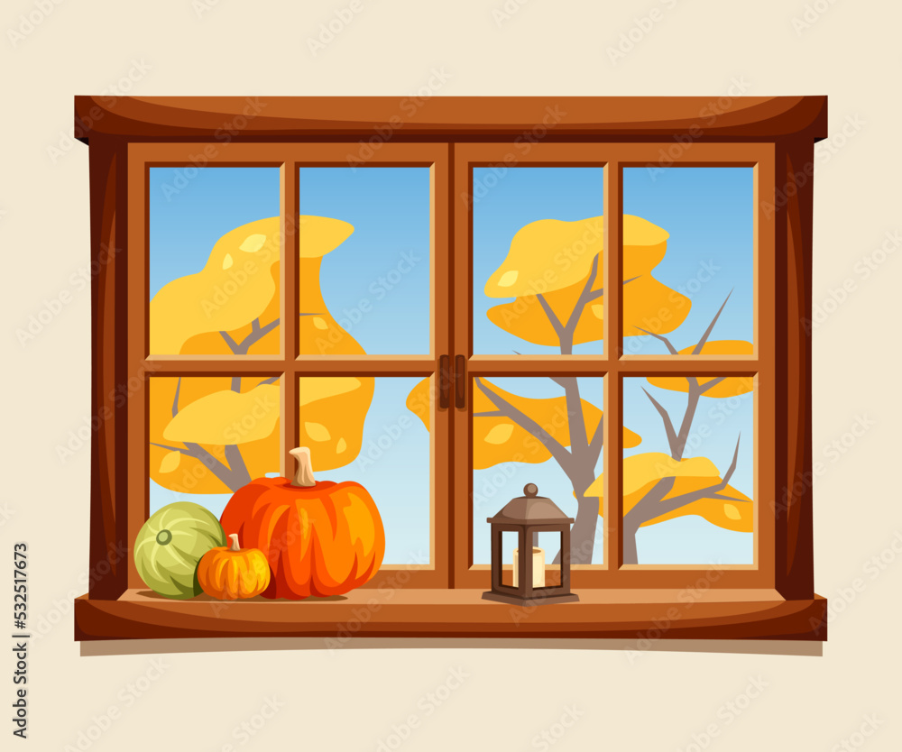 Autumn window with yellow trees outside and pumpkins on a windowsill ...