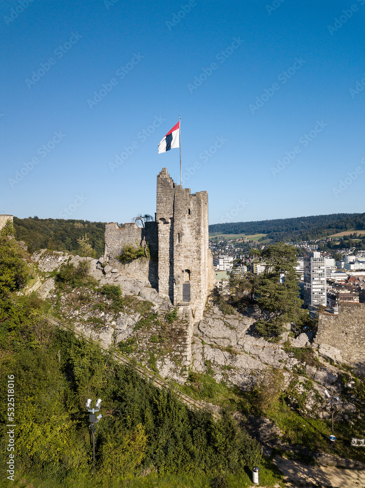 Aerial view of the Castle Stein ruins built on a rocky promontory above ...