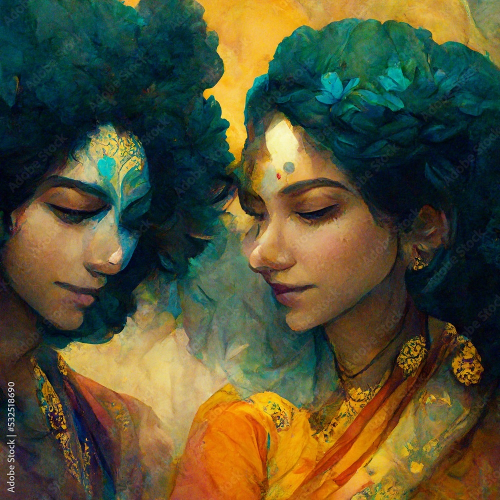 Radha Krishna concept art. Colorful portrait, painting rendering. Hindu ...