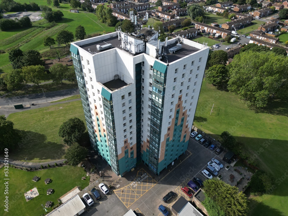 Arial view of suburban 1960s residential tower block with flammable ...