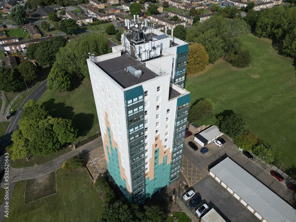 Arial view of suburban 1960s residential tower block with flammable cladding. Bayswater Court ...