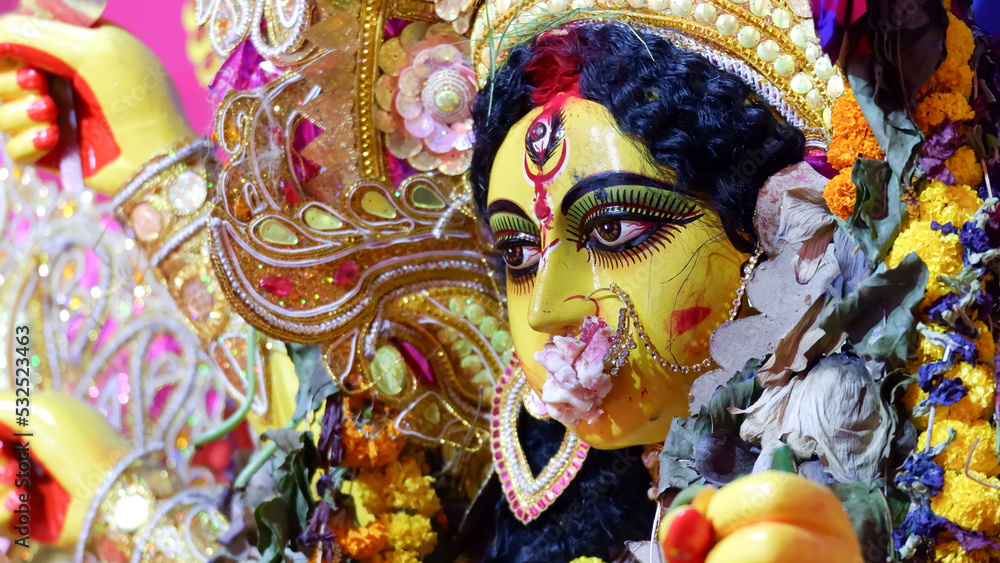 Goddess Maa Durga face with sindur and sweets as per hindu rituals for ...