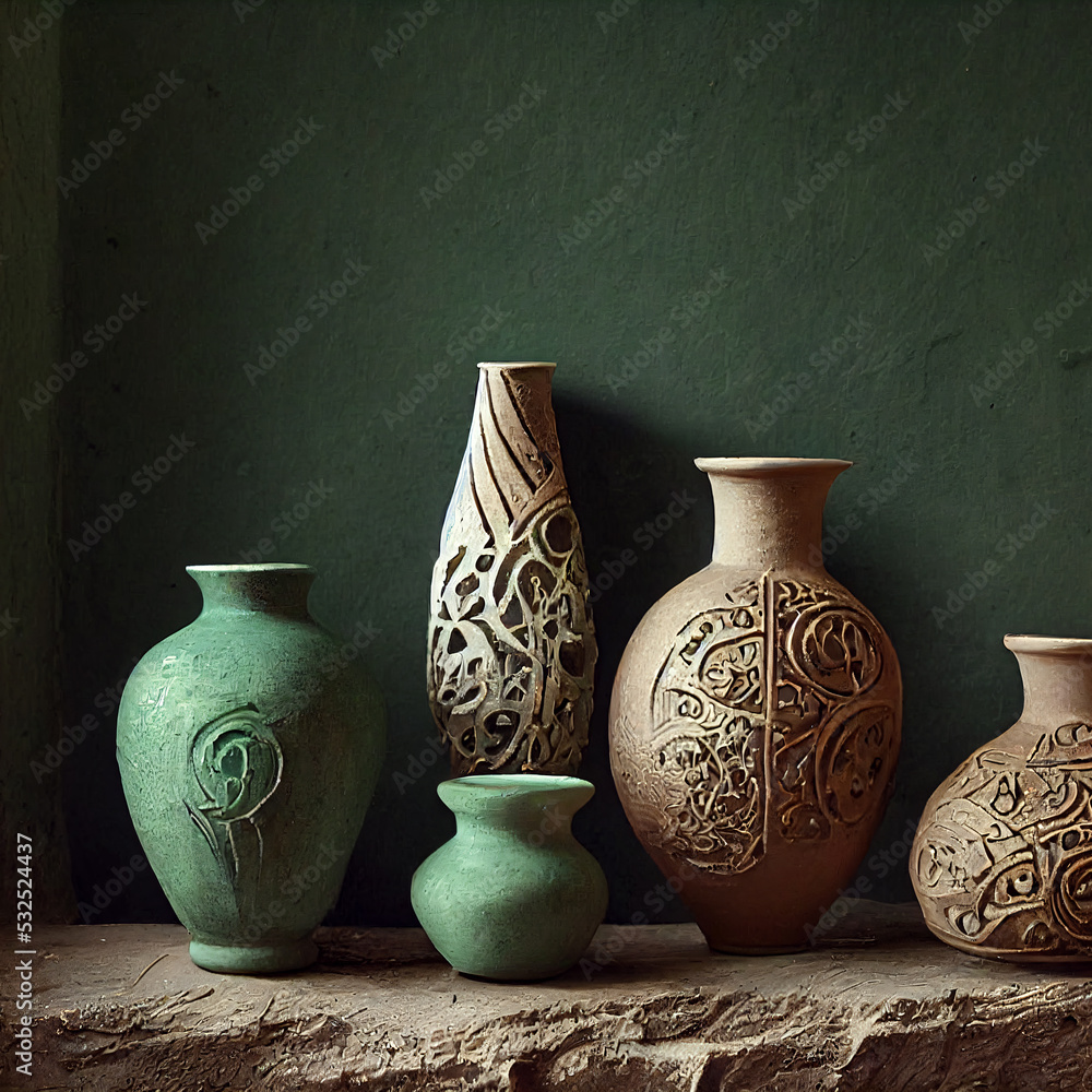 pottery still life, clay pots with green wall background, digital ...