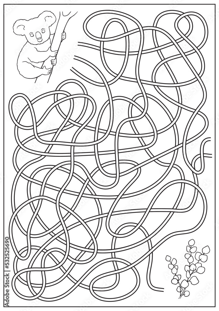Maze game and coloring book for kids. Labyrinth with cute cartoon koala ...