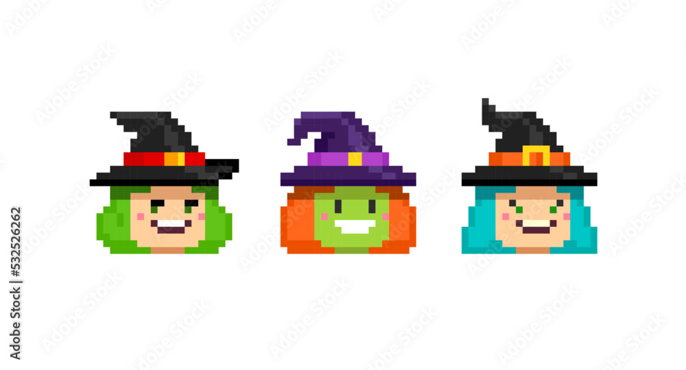 Pixel Art Witch icons collection for Halloween design. Cartoon funny ...