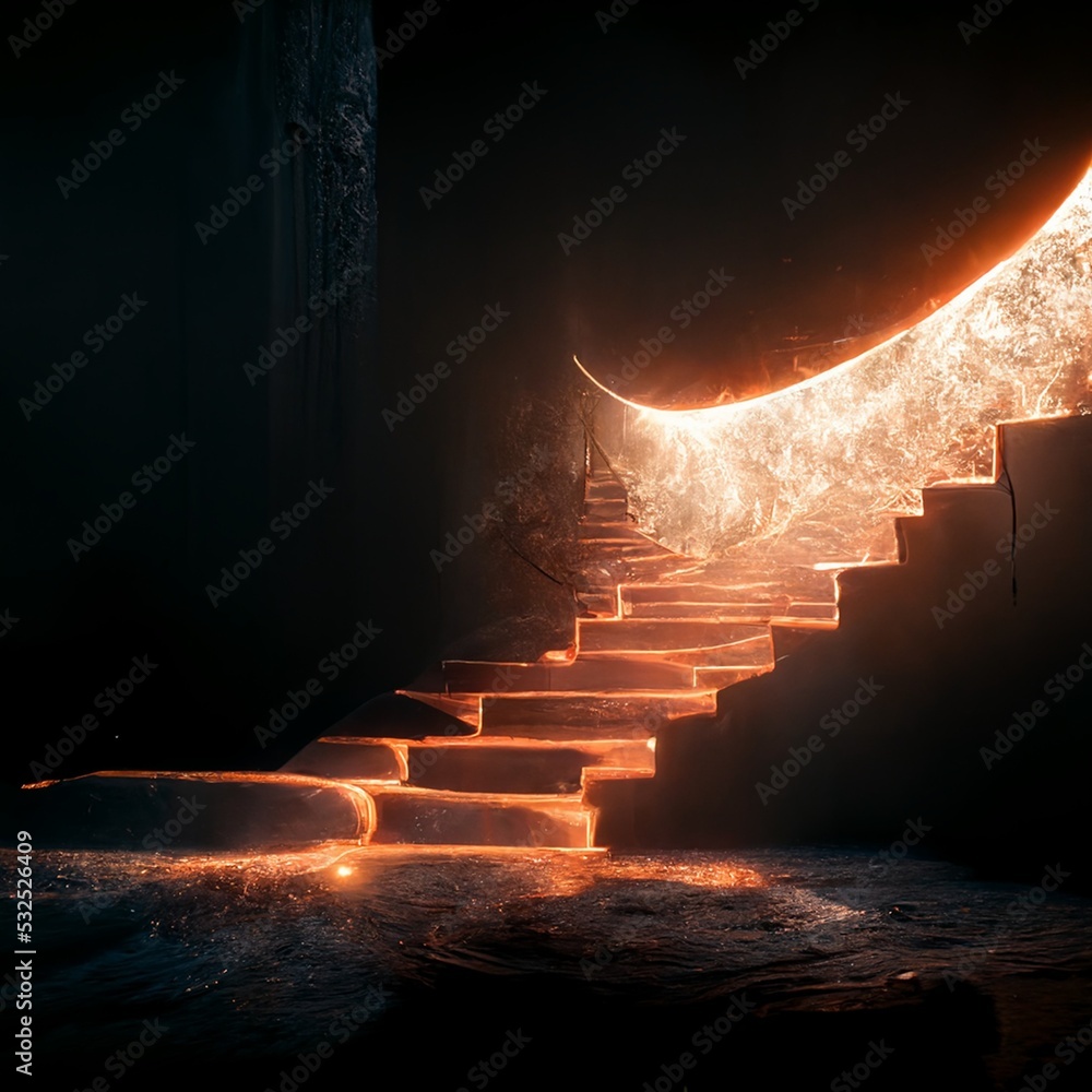 Stairs converging toward light. Wood stairs, epic set-up, cinematic ...