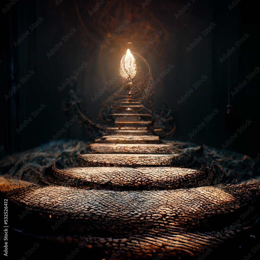 Stairs converging toward light. Wood stairs, epic set-up, cinematic ...