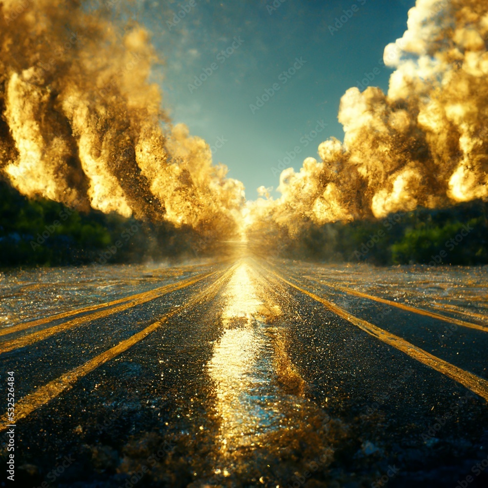 A road concept art, highway with sunlight in the back. Yellow clouds ...