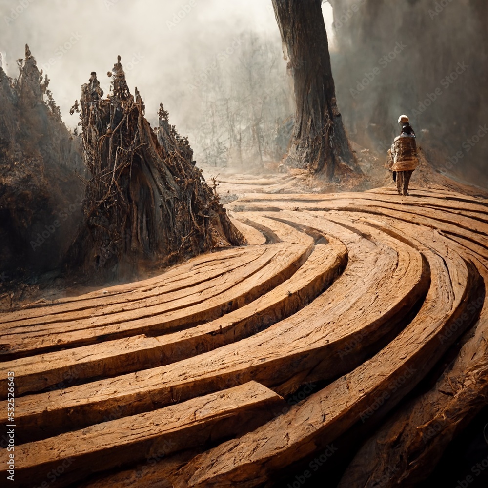 Fantasy landscape, epic labyrinth maze. Carved wood patterns and ...