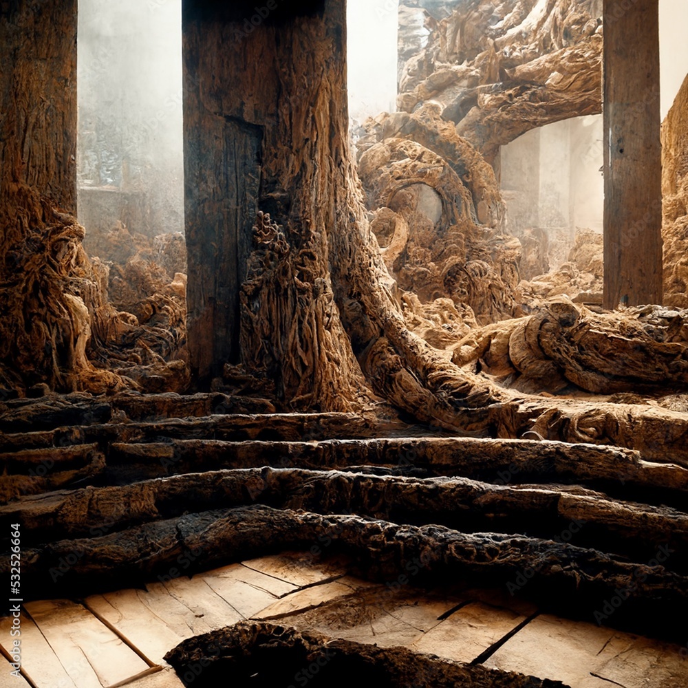 Fantasy landscape, epic labyrinth maze. Carved wood patterns and ...