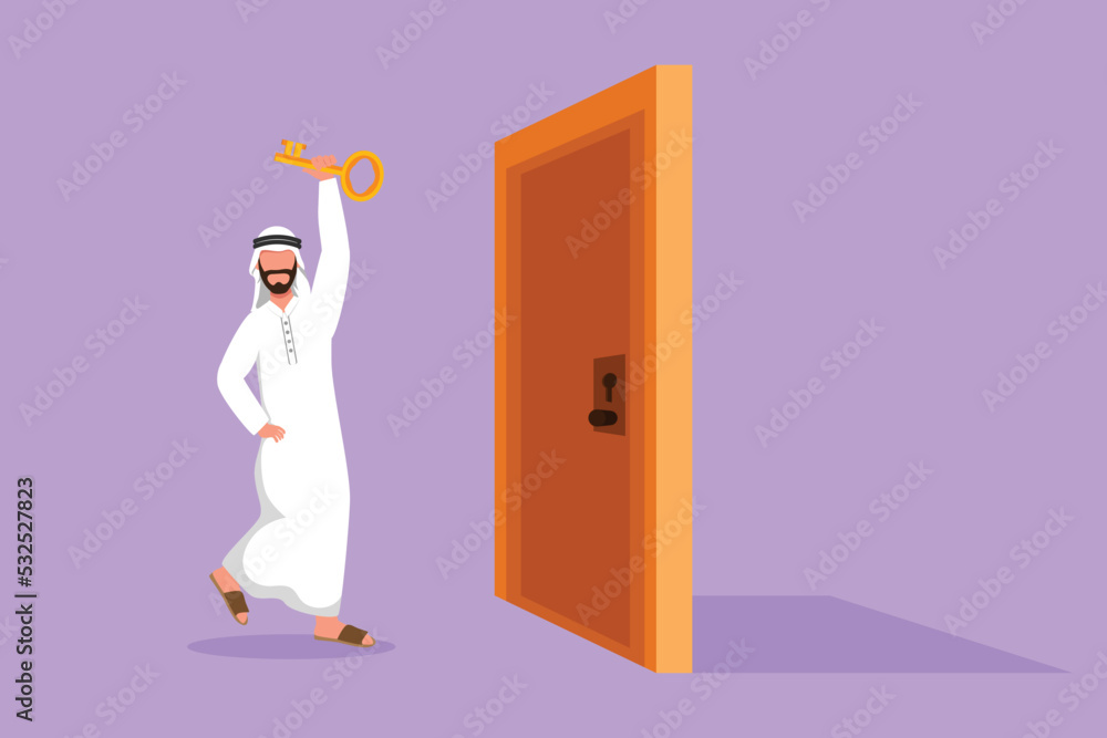 Character flat drawing young Arab businessman lifting key in front of ...