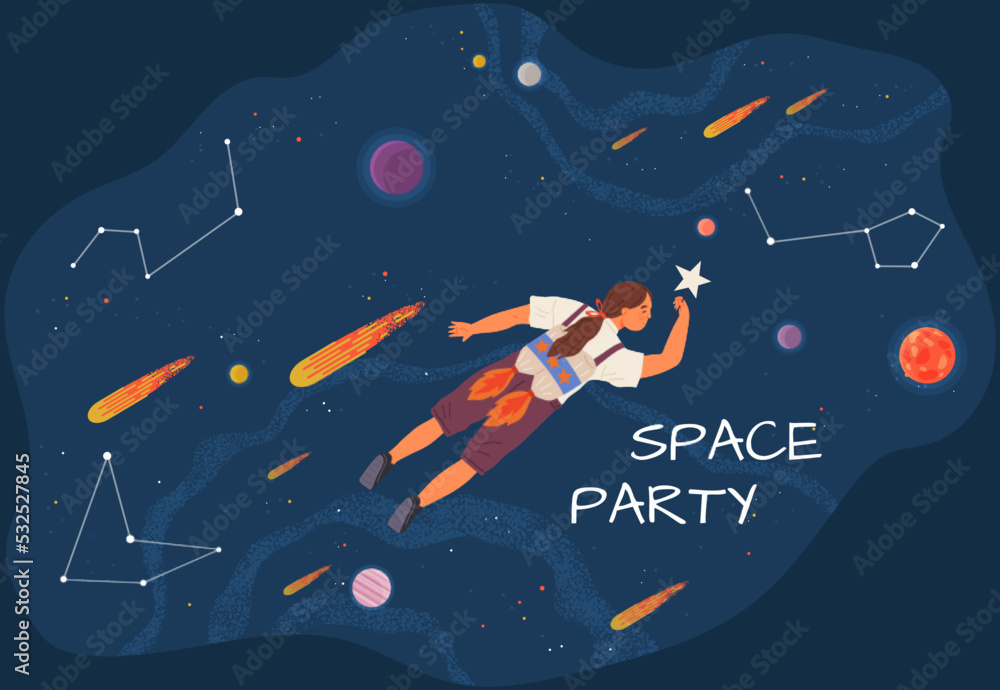 Space party vector female astronaut, cosmonaut, spaceship, comets ...