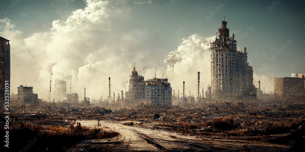 An illustration of a post apocalyptic desolate city in ruins. Stock ...