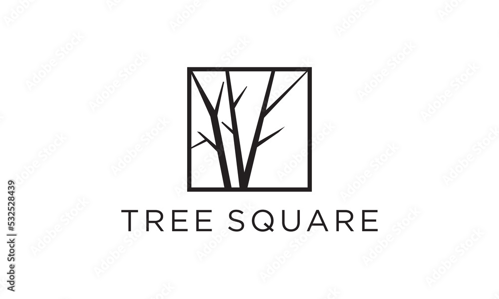 forest of life logo icon, wood pattern, square tree, natural line ...