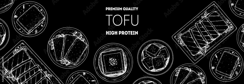 Tofu top view frame. Hand drawn vector illustration. Tofu sketch. Asian ...