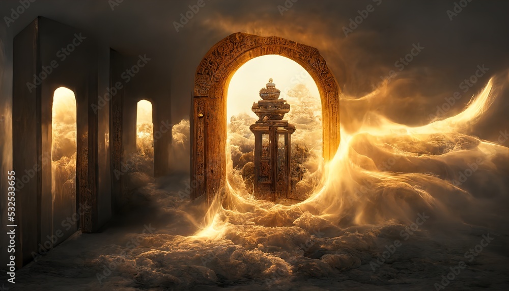 Gate in dim clouds in an empty room. Portal to another world, magical ...