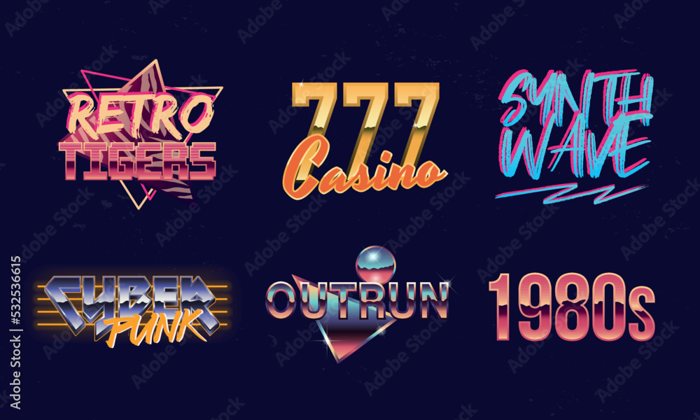 Set of Retro 80s logos. Retrowave, Synthwave logo. Retro 80's logos set ... Set of Retro 80s logos. Retrowave, Synthwave logo. Retro 80's logos set ...
