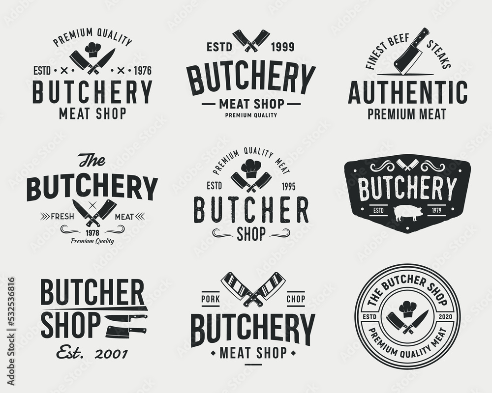 Butcher, Meat shop logo set. Set of 9 meat logo templates for Steak ...