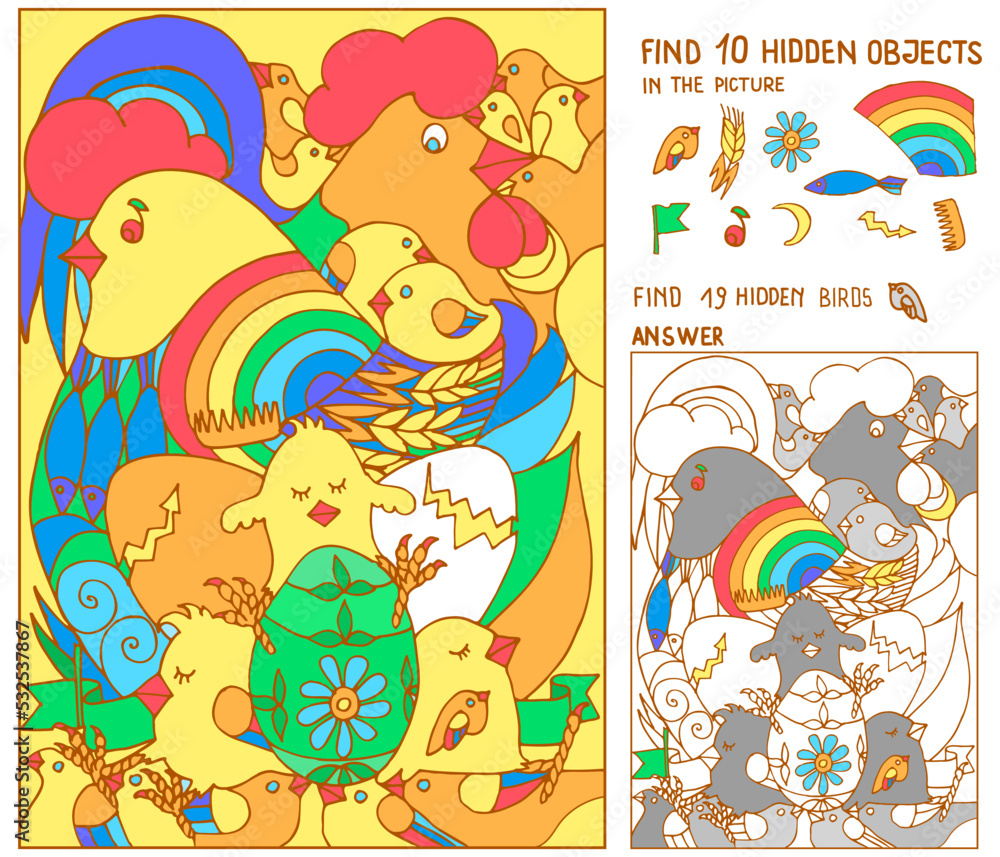 Find the hidden objects. Hen with cock and little chickens. Birds ...