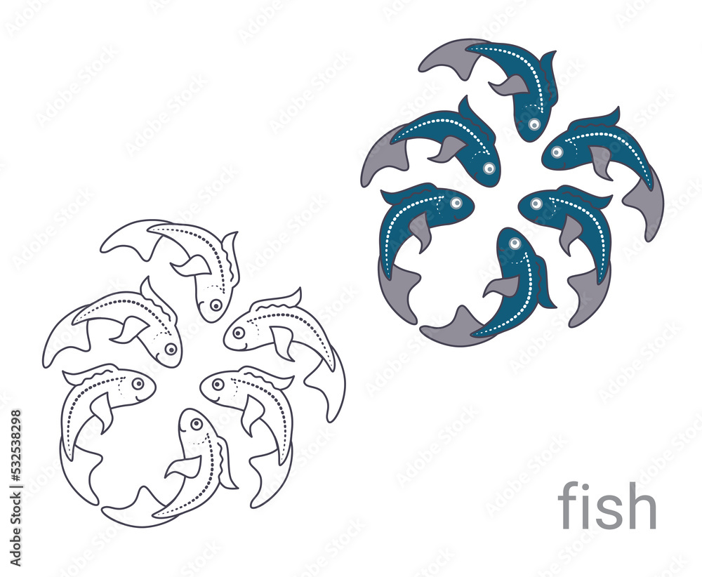 Set of colored blue fish and fish outline for coloring. Underwater ...