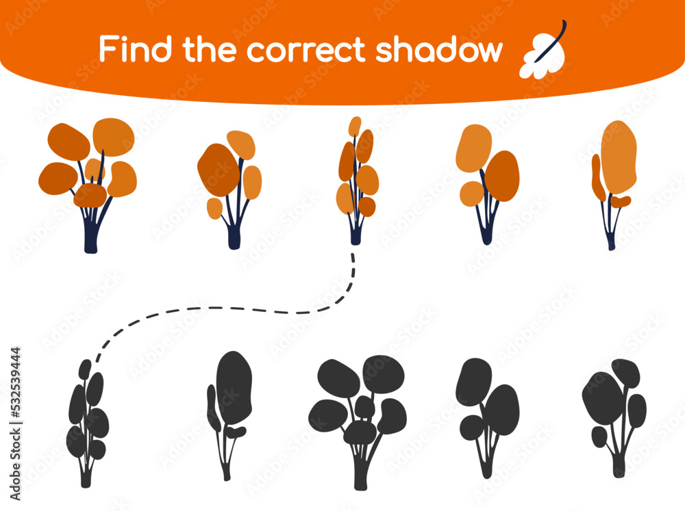 Find the correct shadow. Kids educational game. Cute autumn trees of ...