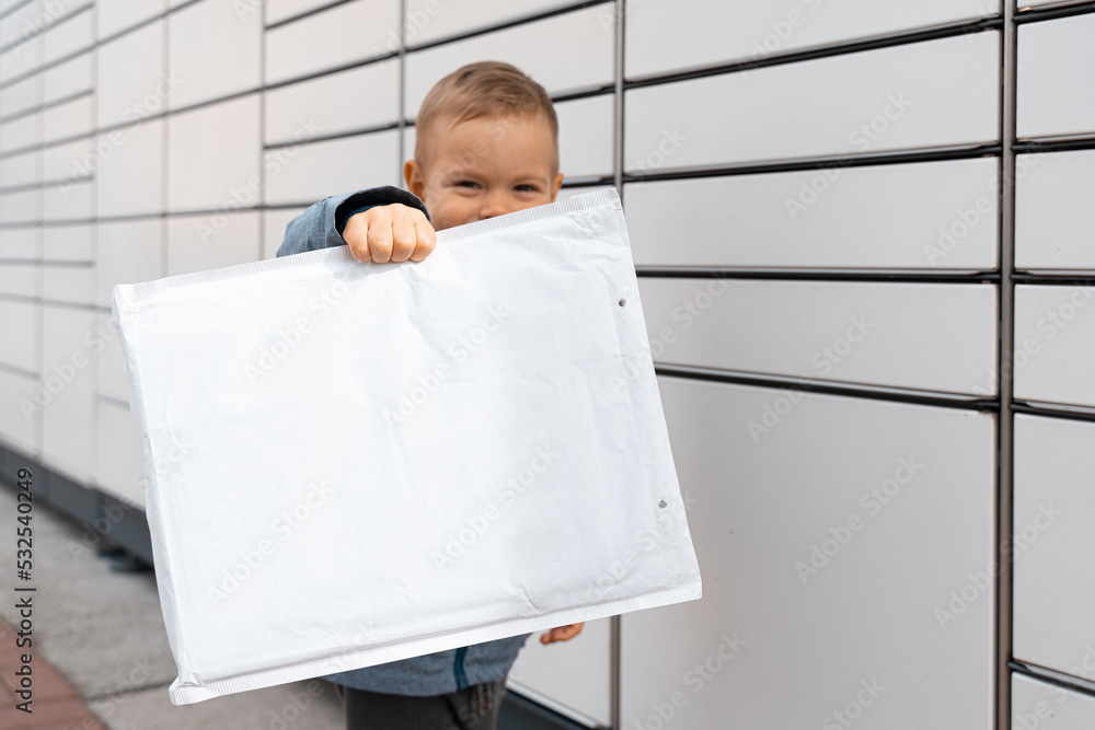 Parcel delivery, pickup point with lockers, kid with parcel ...