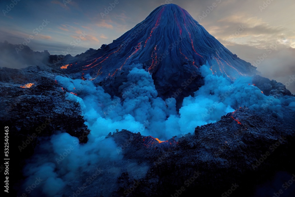 An illustration of the blue volcano in Indonesia, Kawah Ijen Volcano ...