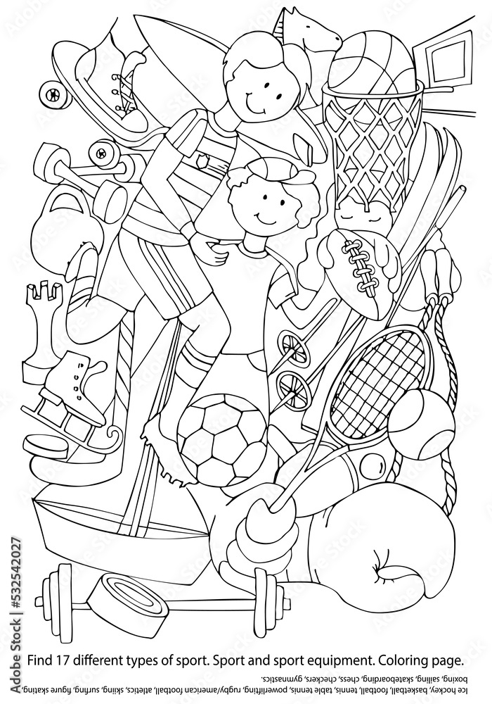 Vetor de Find Different types of sports. Sport equipment. Puzzle and ...