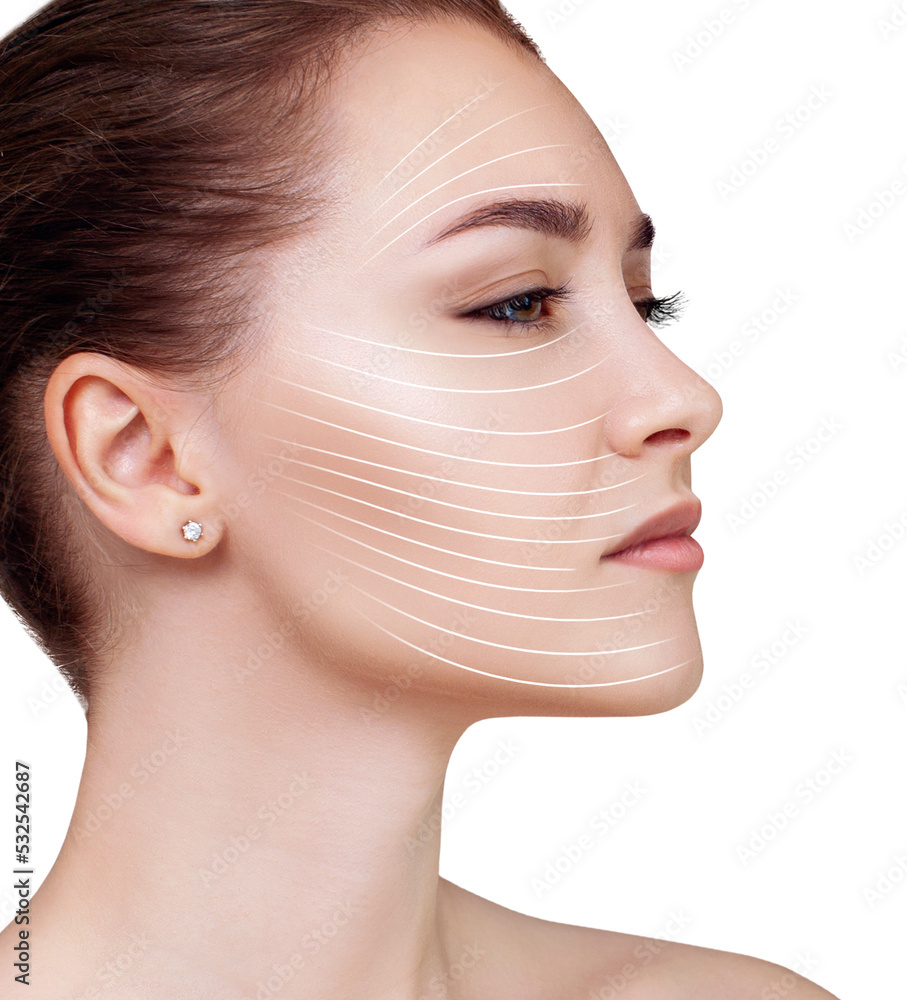 Graphic lines shows facial lifting effect on skin of beautiful woman ...