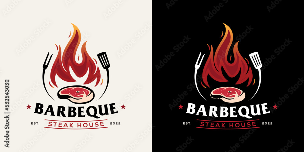 Barbeque logo fire concept combined with steak beef and spatula. BBQ ...