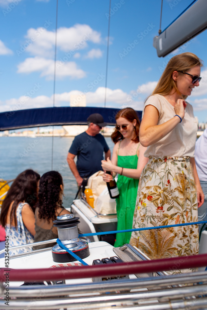 Fun group enjoying a boat trip celebrating a birthday Stock Photo ...