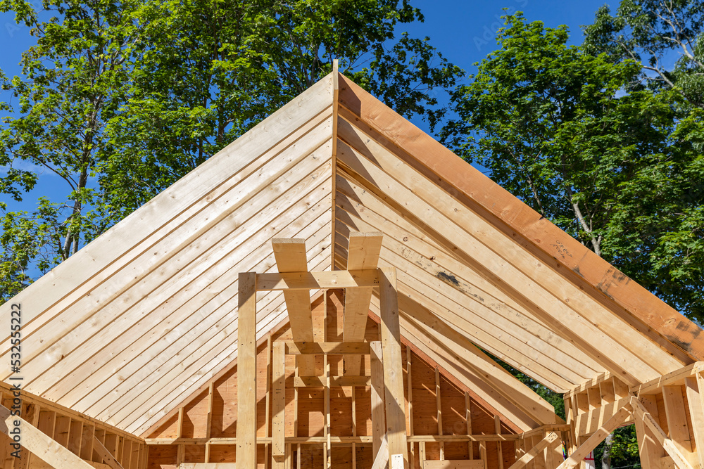 Residential Wood House Frame roof Under Construction Stock Photo ...