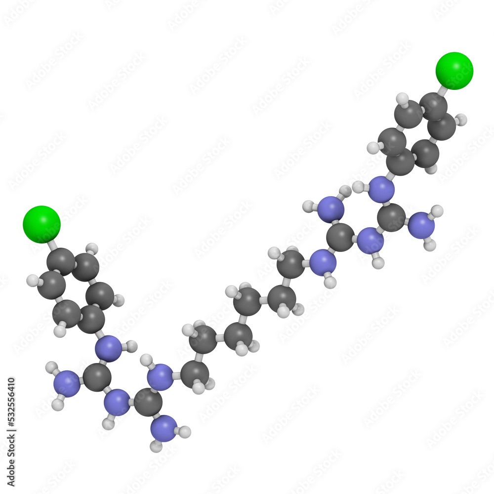 Chlorhexidine antiseptic molecule, 3D rendering. Atoms are represented ...