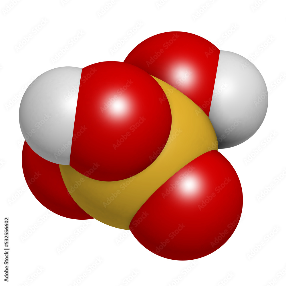 Sulfuric acid (H2SO4) strong mineral acid molecule, 3D rendering. Atoms ...
