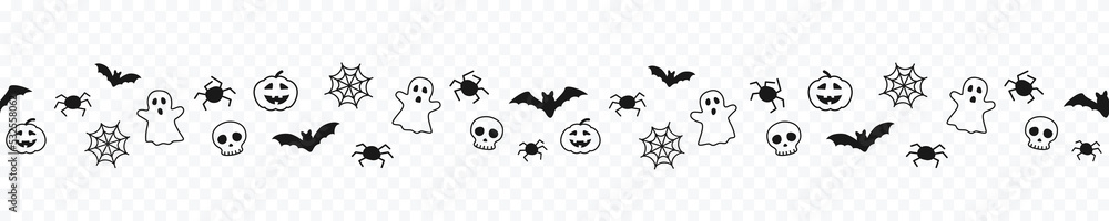 Happy Halloween seamless pattern or border with black bats, spider web ...