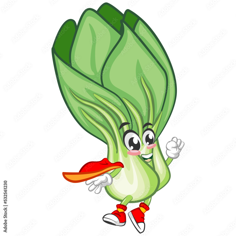 vector illustration of cartoon character of lettuce superhero flying ...
