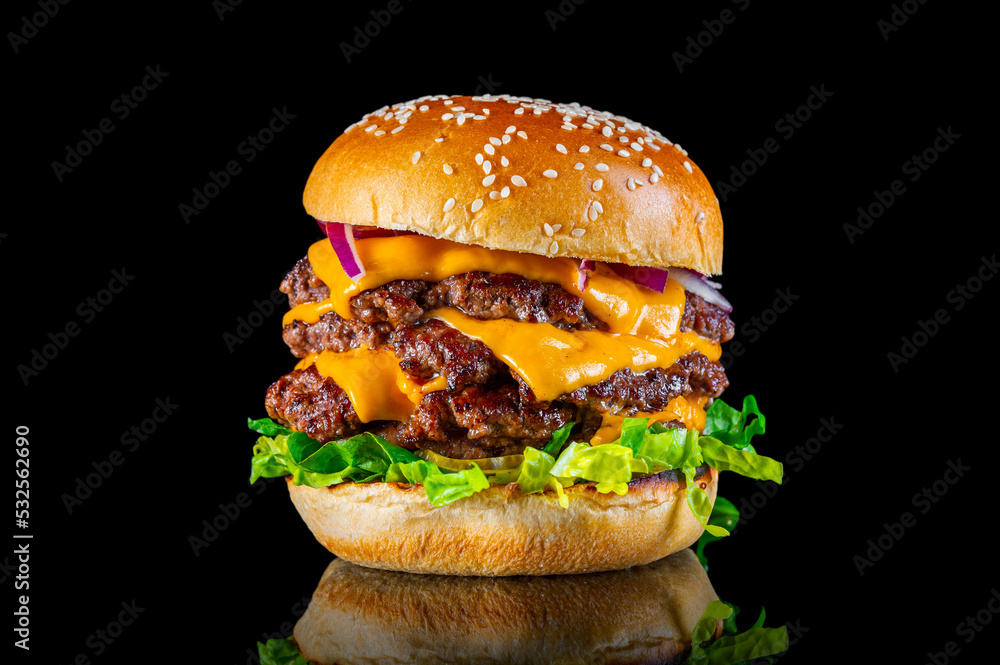 Big cheeseburger four patty tower burger brioche bun grill sandwich ...