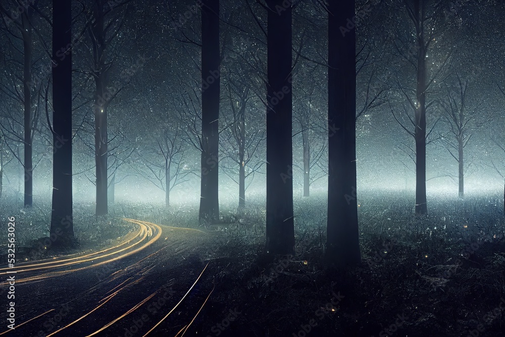 Forest at night with dark tree trunks, forest path with fireflies under ...