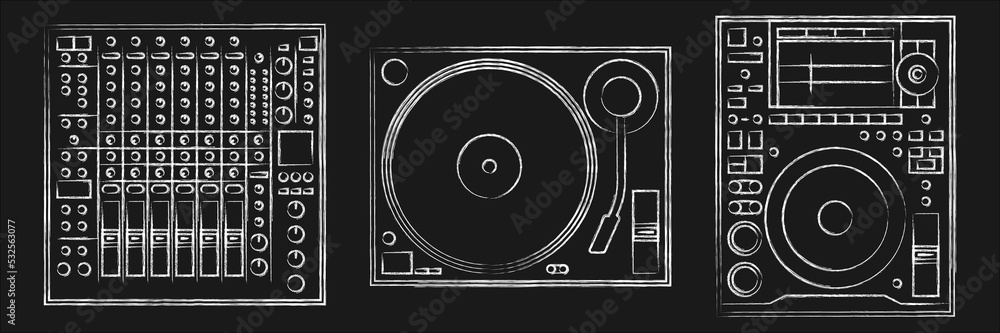 Drawings of DJ players, turntables and mixers Stock Vector | Adobe Stock
