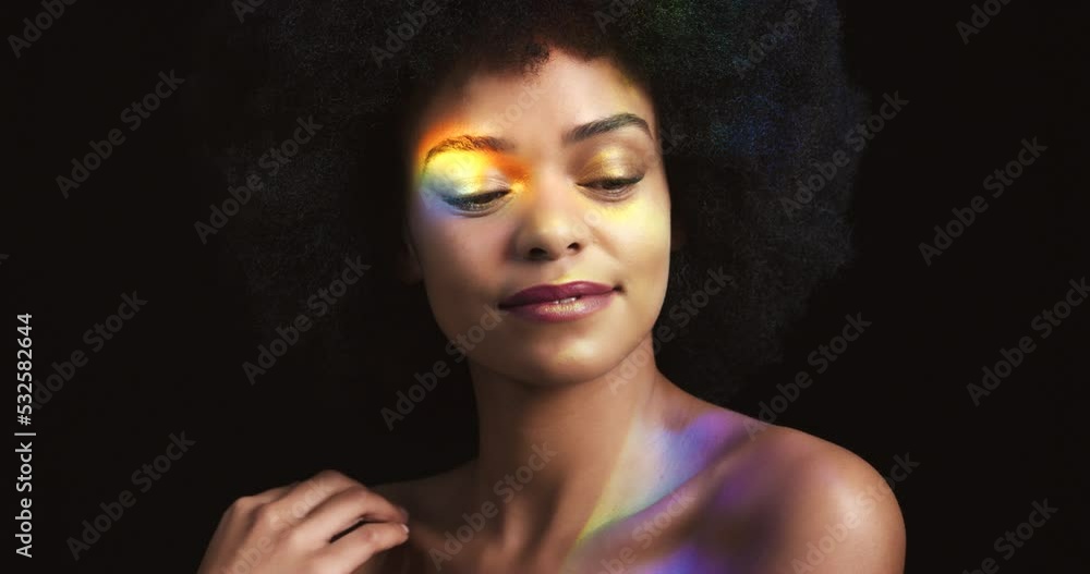 Prism rainbow light reflection, smile and black woman model with ...