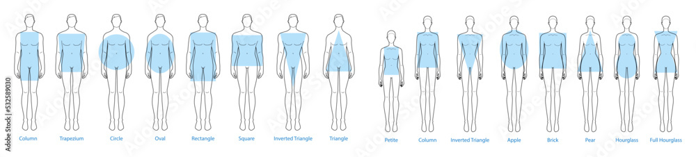 Set of Women Men body shapes types silhouettes: apple, pear, rectangle ...