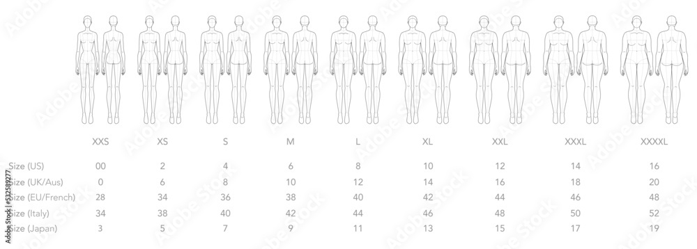 Set of Women XXS XS S M L XL XXL XXXL XXXXL Fashion template 9 nine ...