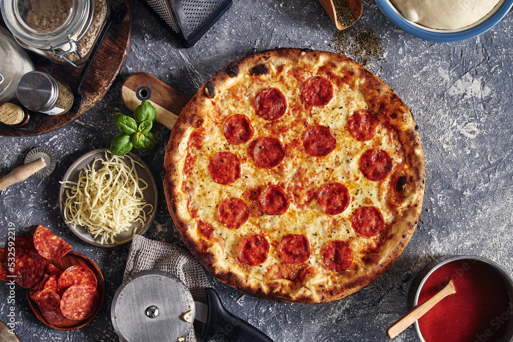 Pepperoni Pizza With Ingredients. Stock Photo | Adobe Stock