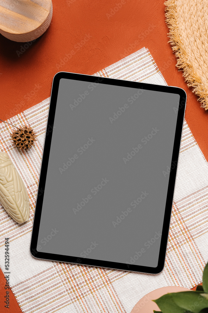 Blank tablet near various decorations Stock Photo | Adobe Stock