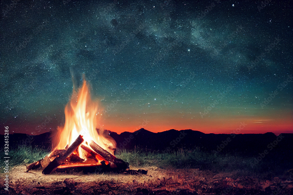 Campfire with the night sky, illustration of stars and fire Stock ...