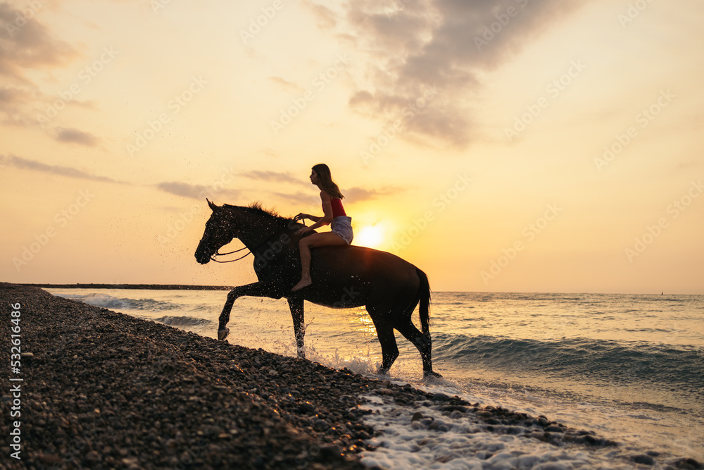 Girl riding a horse on the beach at sunrise Stock Photo | Adobe Stock