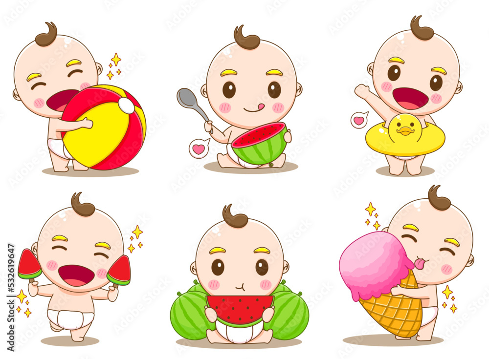 Cute baby boy summer activity. Kid playing beach ball, eating ...